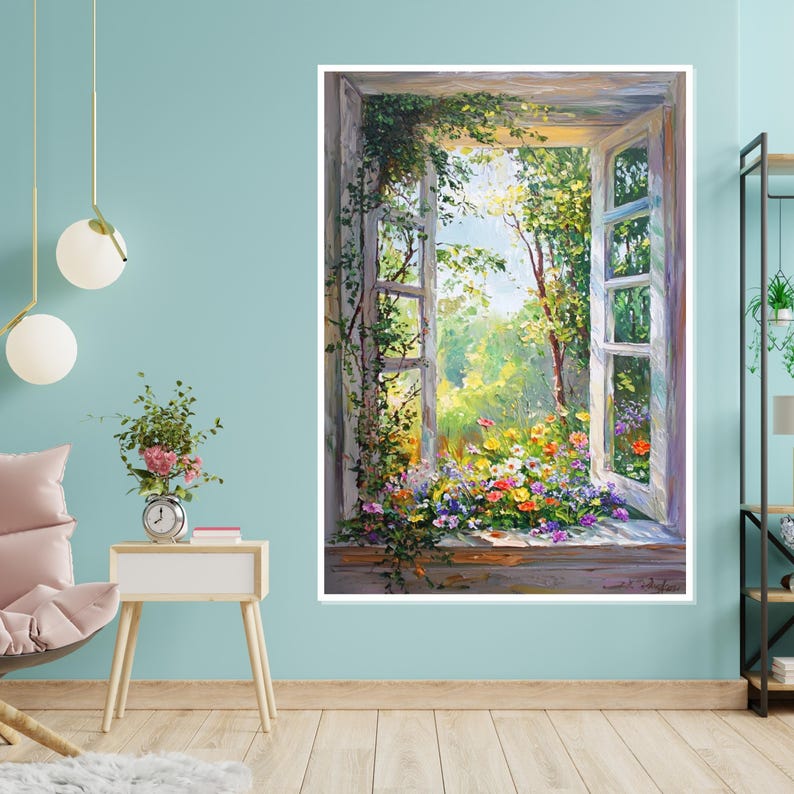 Serene Garden View, Open Window Canvas, Floral Wall Art, Nature ...