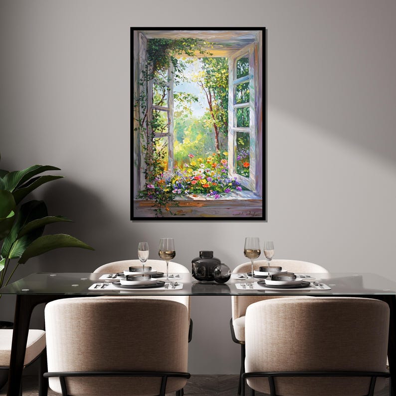 Serene Garden View, Open Window Canvas, Floral Wall Art, Nature ...