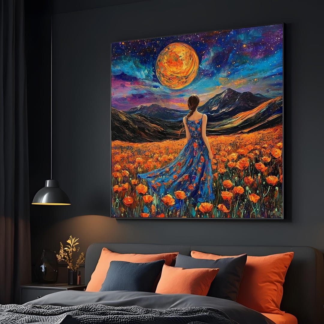 Dreamland Landscape Canvas, Moonlit Field, Woman in Floral Dress ...