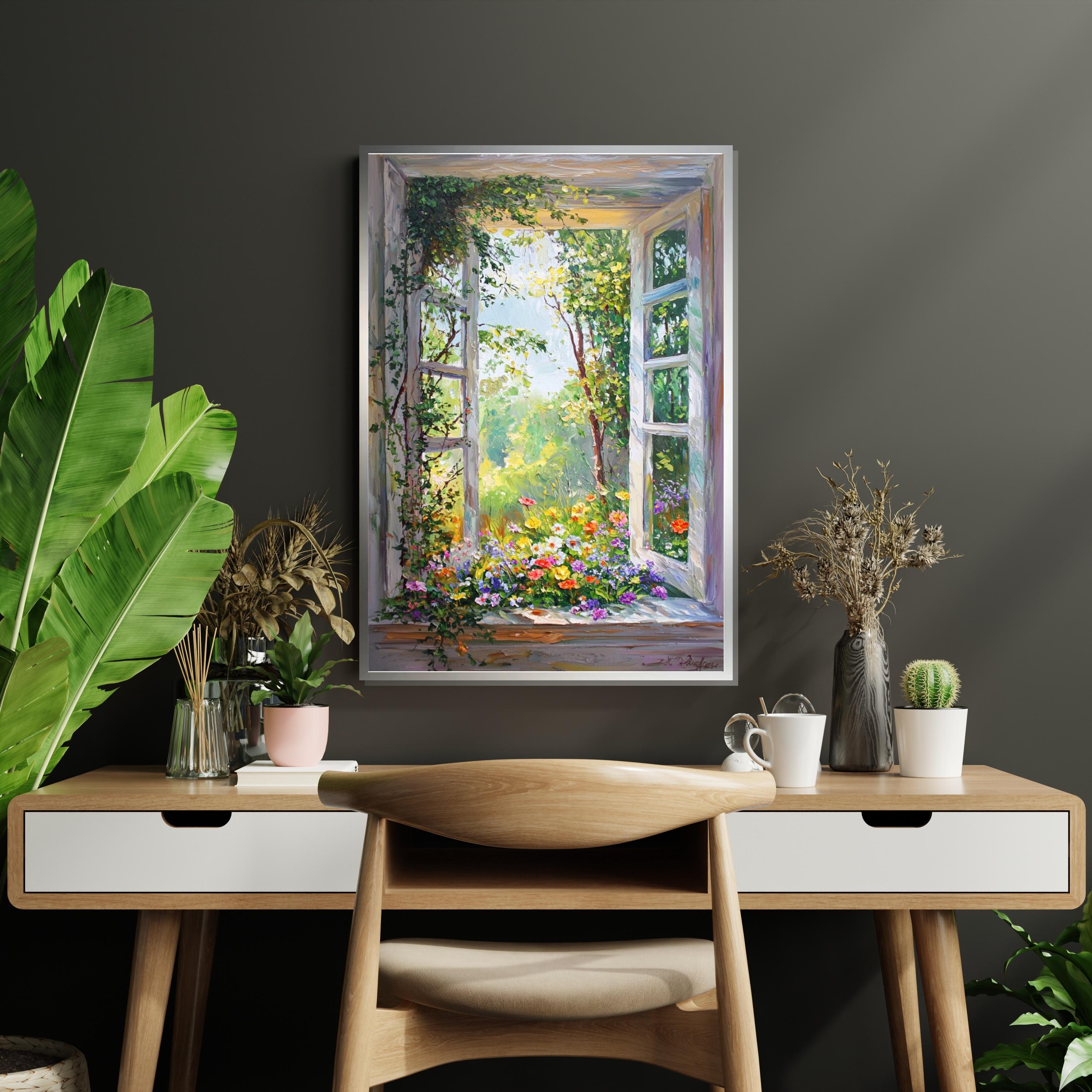 Serene Garden View, Open Window Canvas, Floral Wall Art, Nature ...