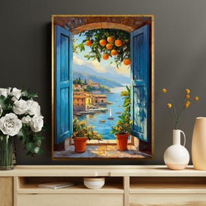Window to Mediterranean Canvas, Seaside View Wall Art, Blue Door ...