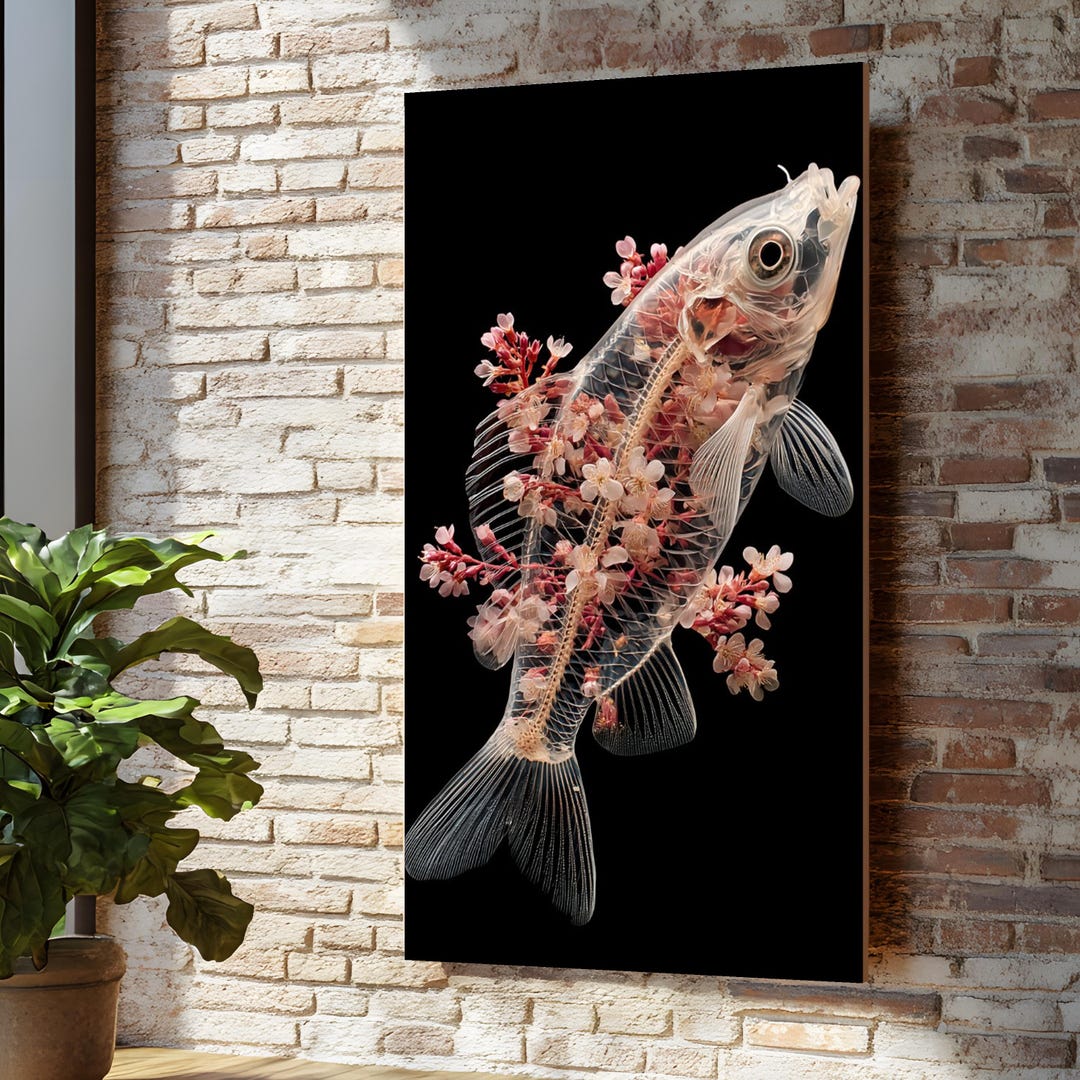 Transparent Fish Blossom Canvas, Floral Fish Art, Nature Wall Art, Fish ...
