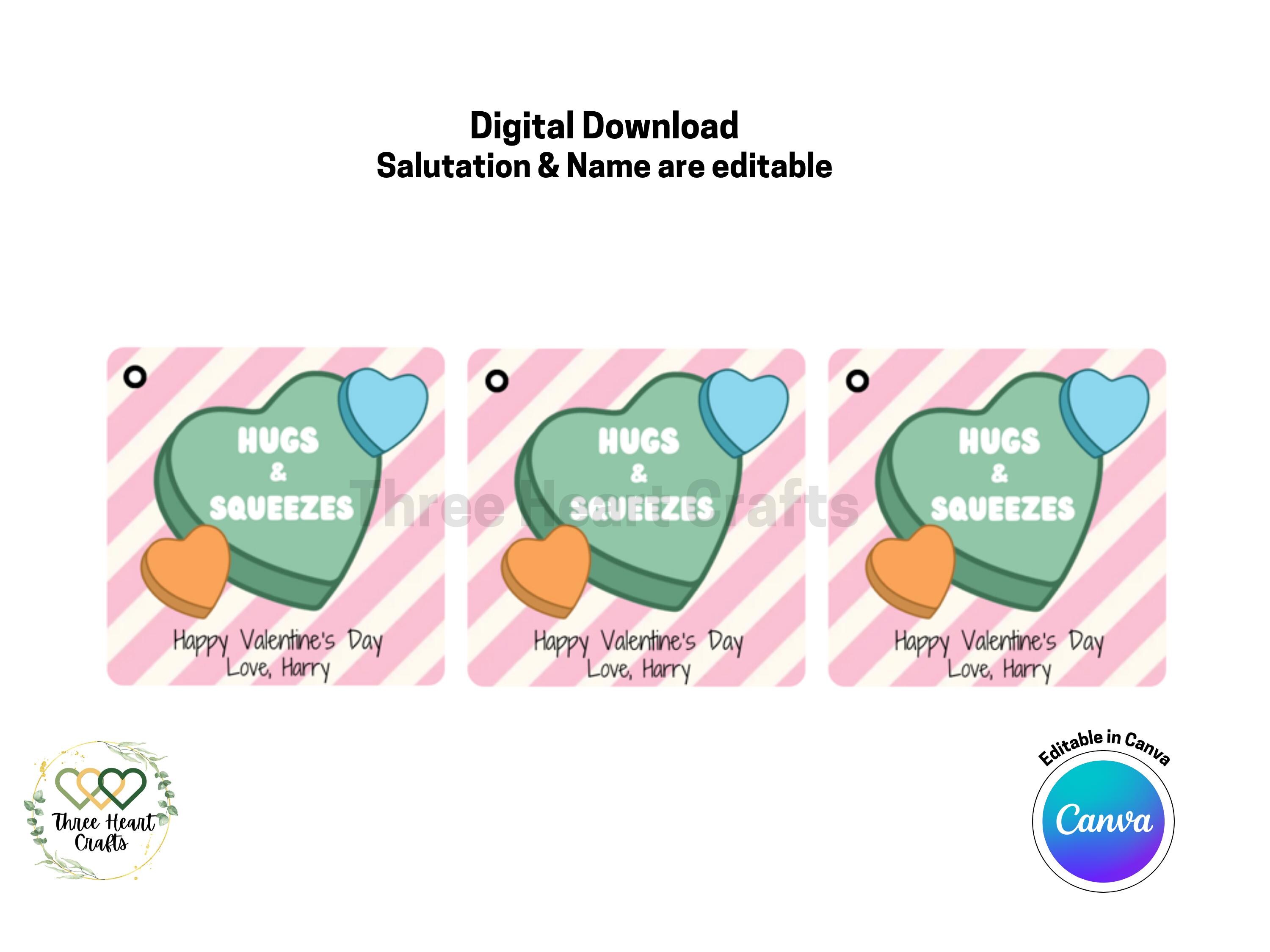 Hugs and Squeezes Valentine, Gift Tag, Preschool, Editable, Digital ...