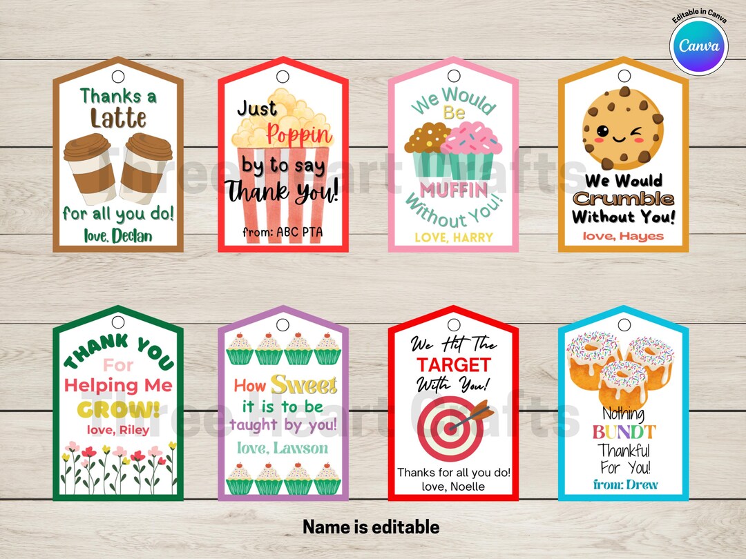 Themed Thank You Tags: Editable Teacher & Employee Gifts (digital ...