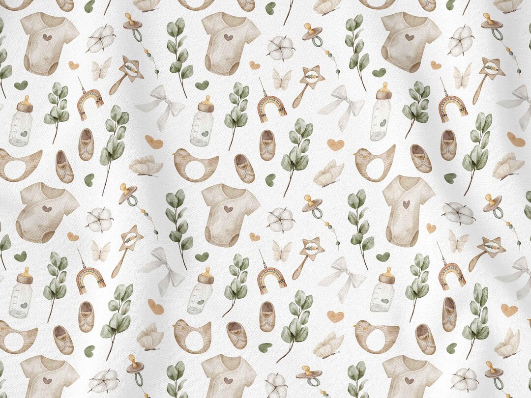Gender Neutral Baby Fabric, Beige & Sage Green Print, Scandi Baby ...