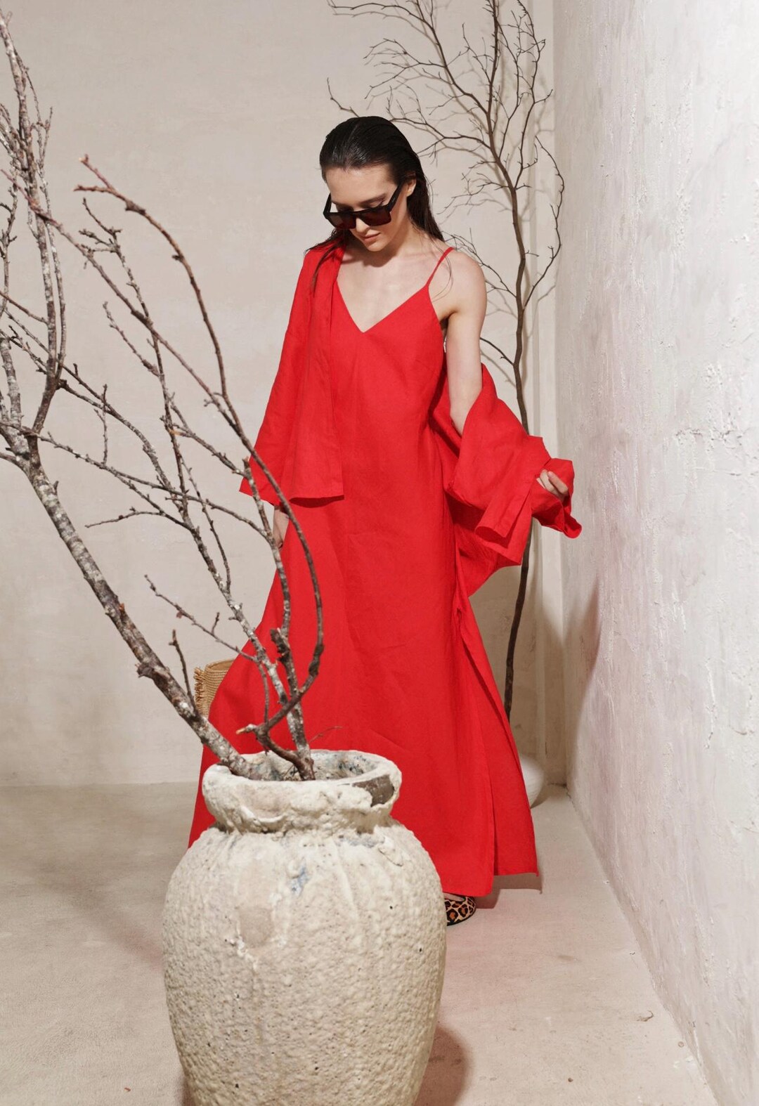 Linen Dress, Backless Summer Red Dress, Long Linen Dress, Summer Linen ...
