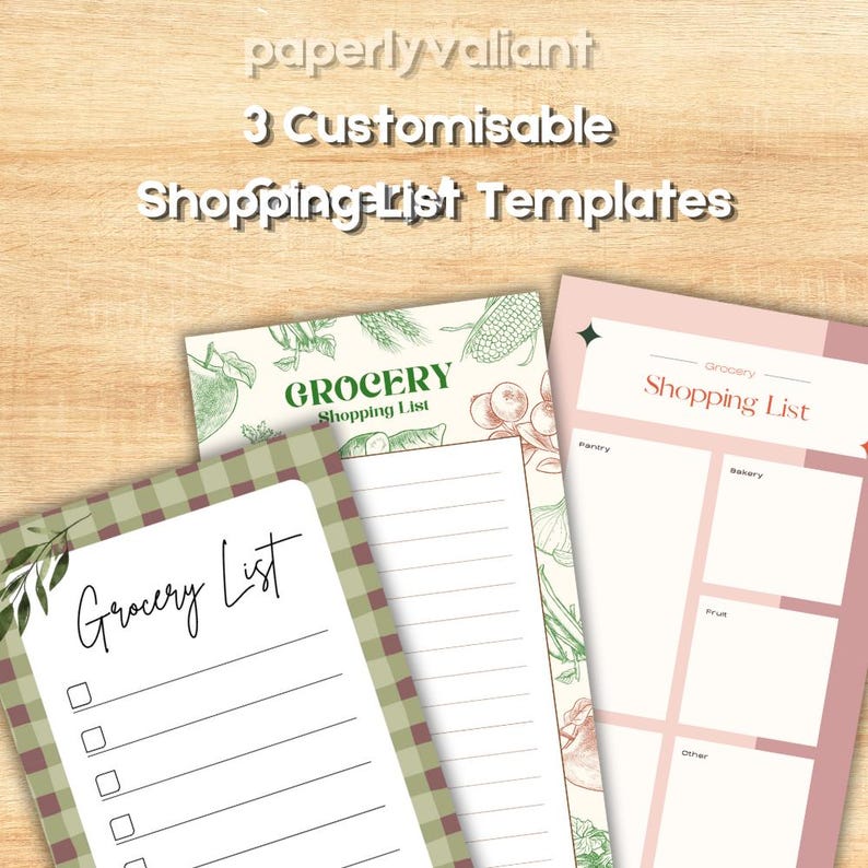 3 Printable Grocery / Shopping Lists , Customisable Aesthetic Vintage ...