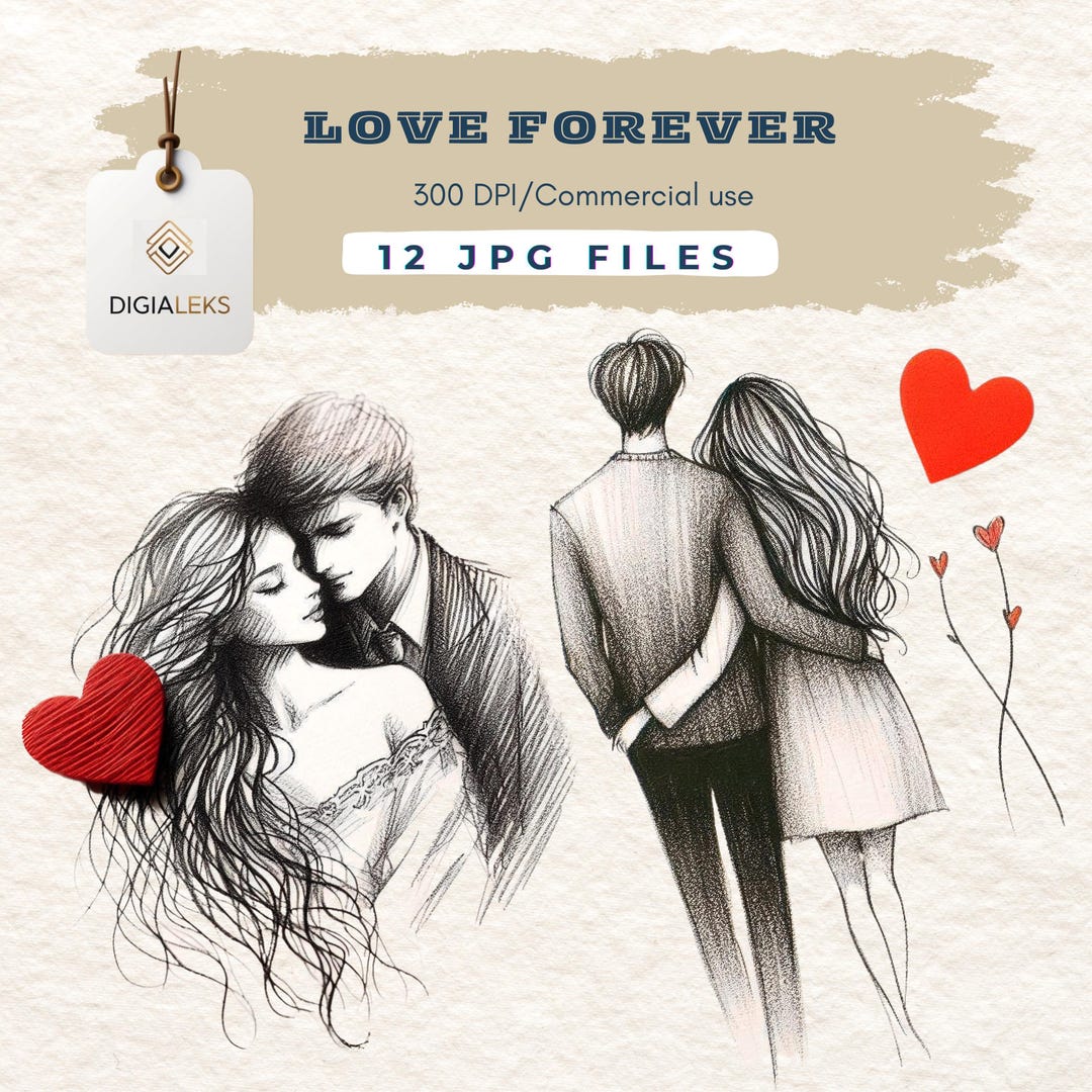 Romantic Couple Clipart | Love Sketch Jpgs | Hand Drawn Valentines Clip ...
