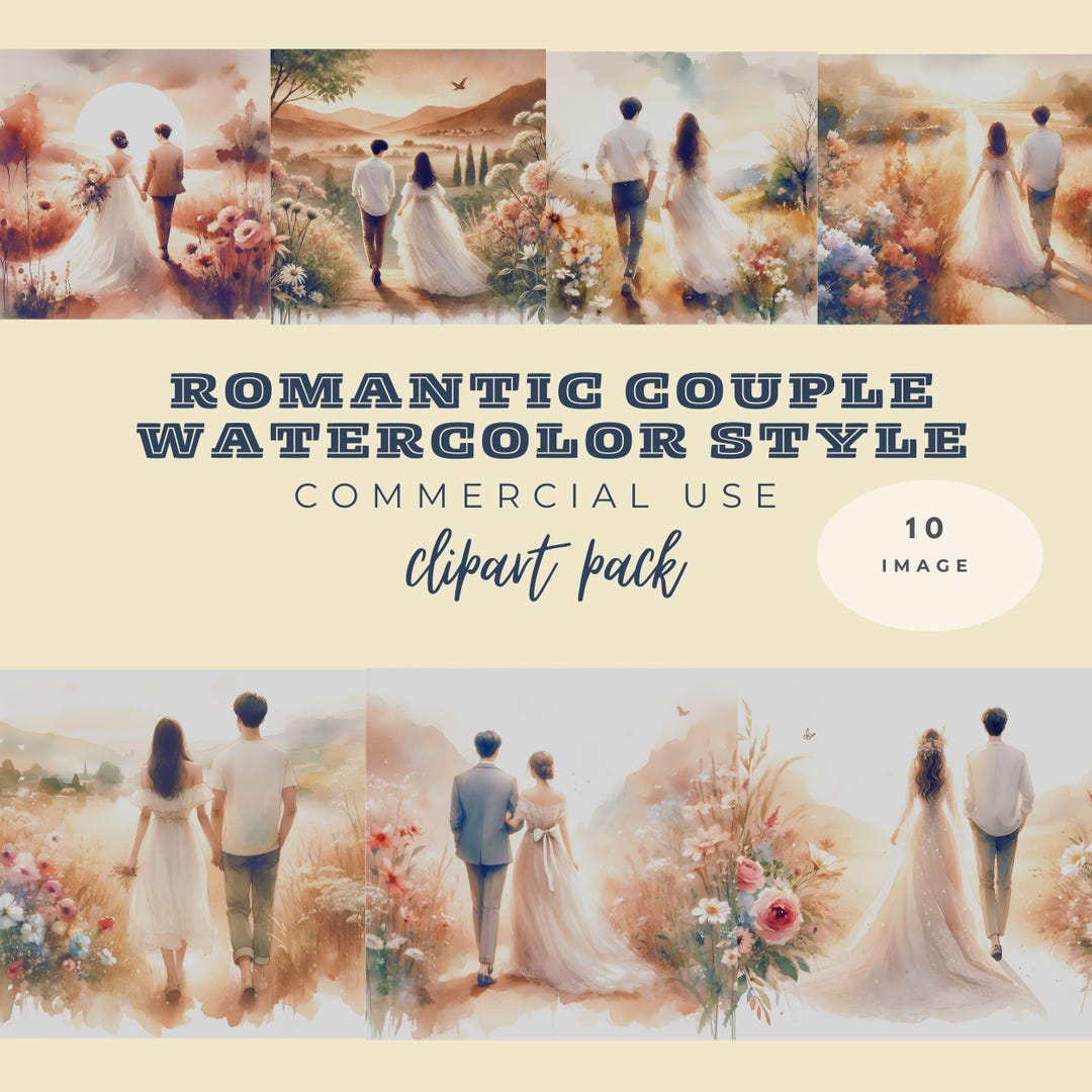 Romantic Couple Watercolor Clipart, Wedding Pair Illustration, Idyllic ...