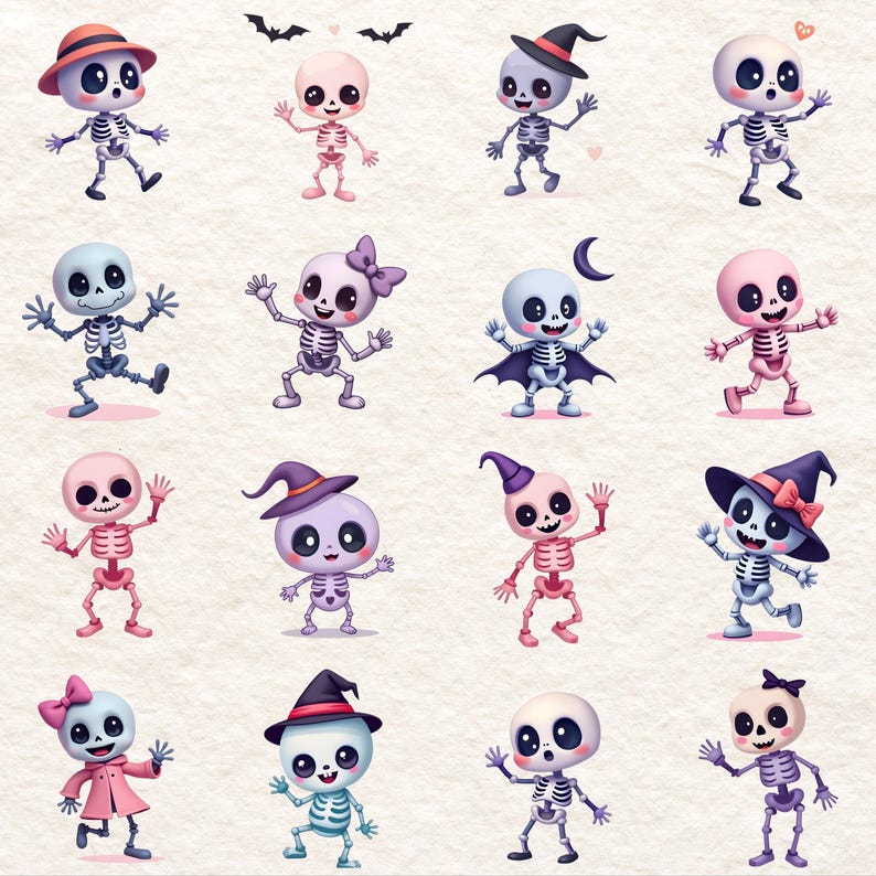 Pastel Skeleton Clipart | Kawaii Halloween Skeleton Characters PNG ...