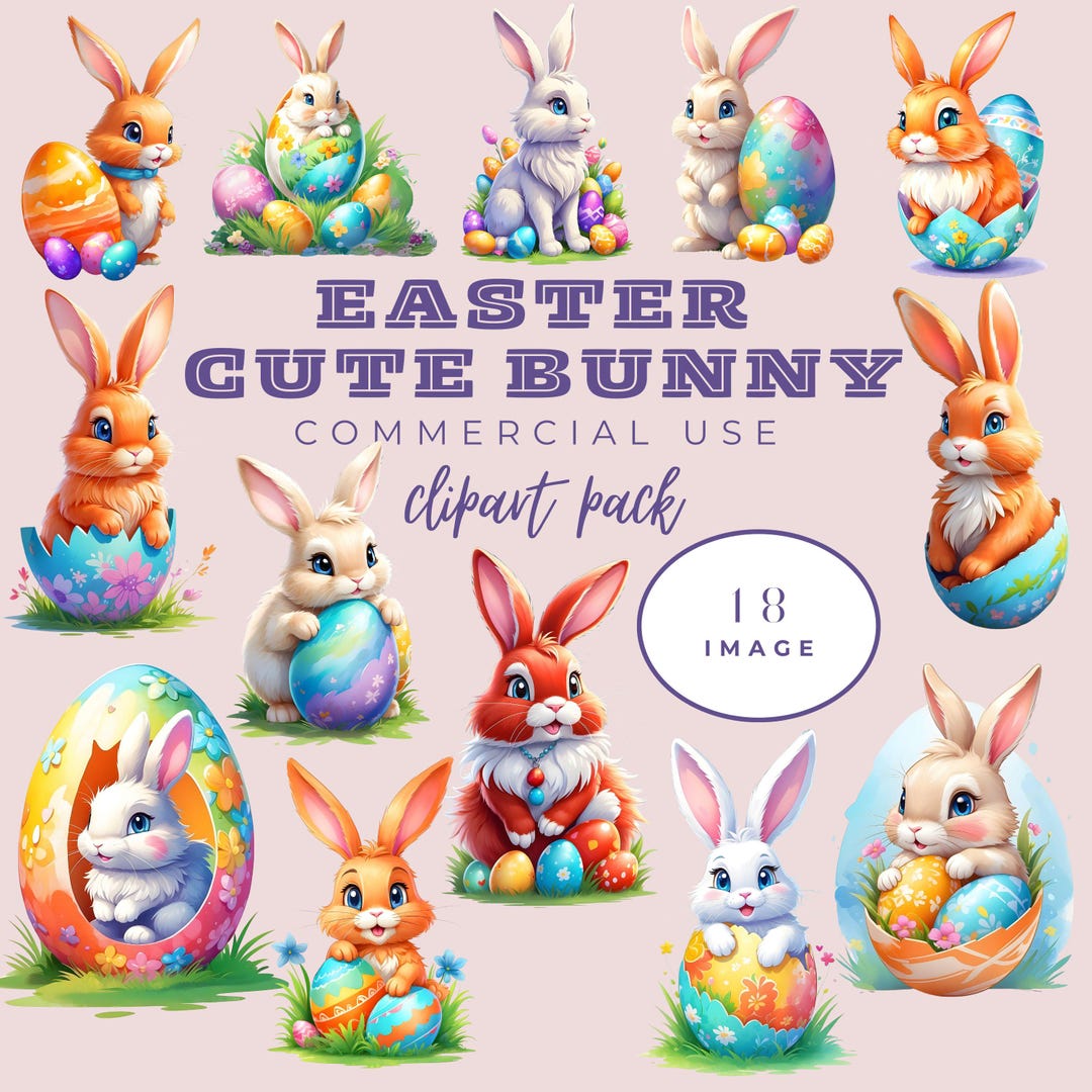 18 PNG, Cute Easter Bunny Clipart, Spring Rabbit Graphics, Cheerful ...