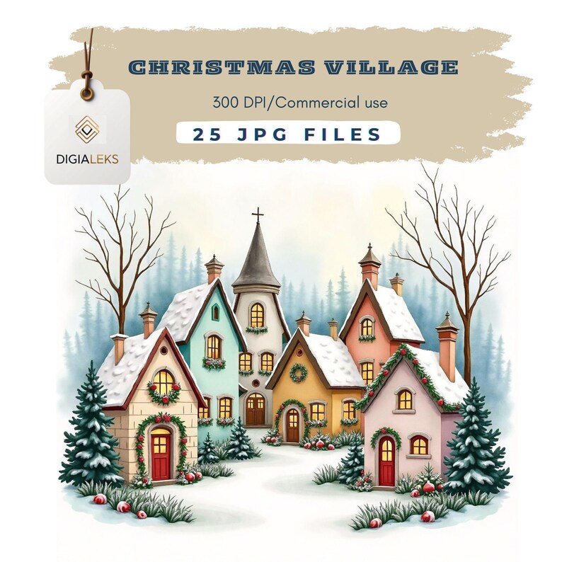 Watercolor Christmas Village Clipart, Winter Houses PNG, Festive ...