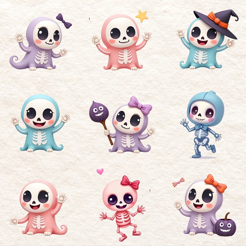 Pastel Skeleton Clipart | Kawaii Halloween Skeleton Characters PNG ...