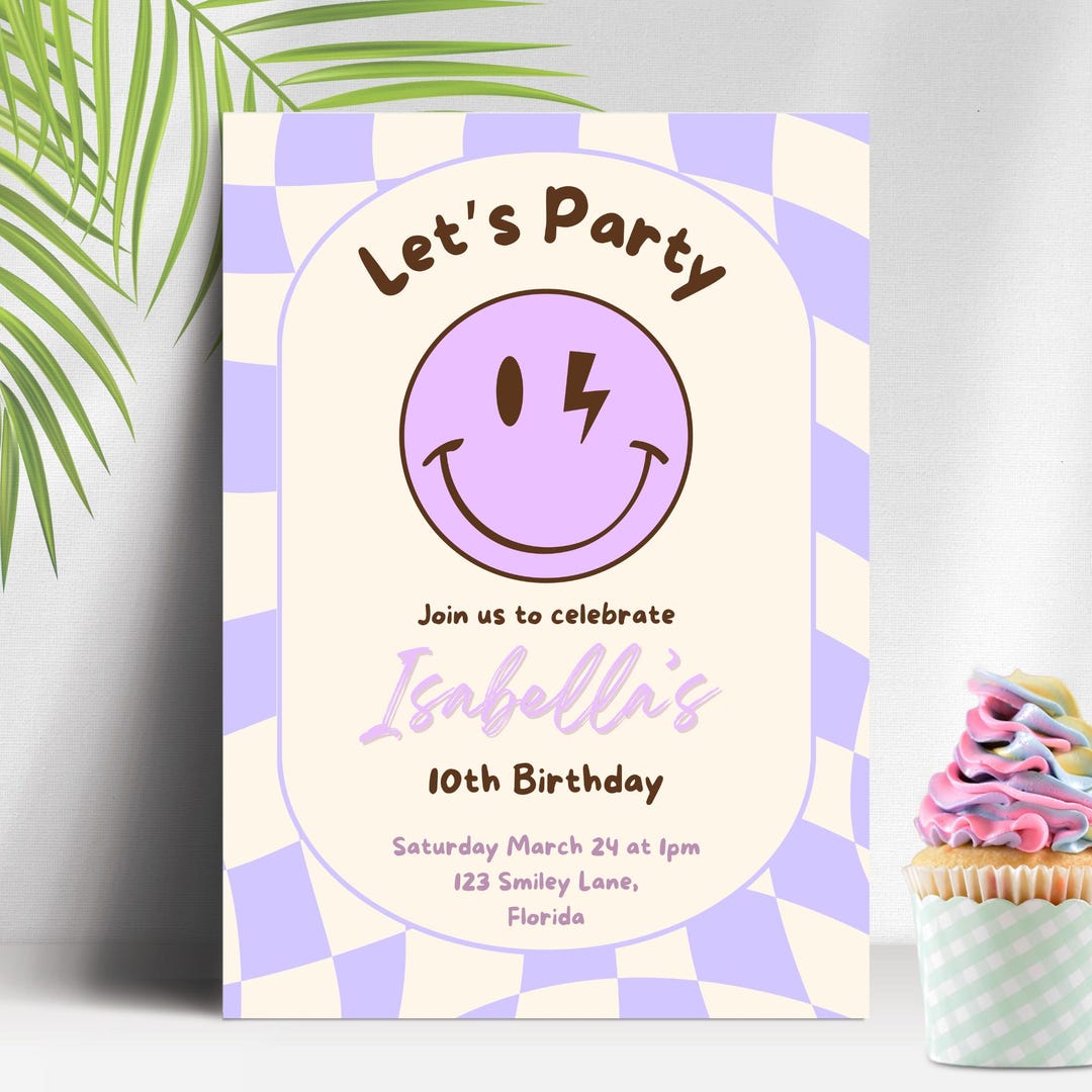 Smiley Birthday Invite, Editable Invite Retro Smiley Face Instant ...