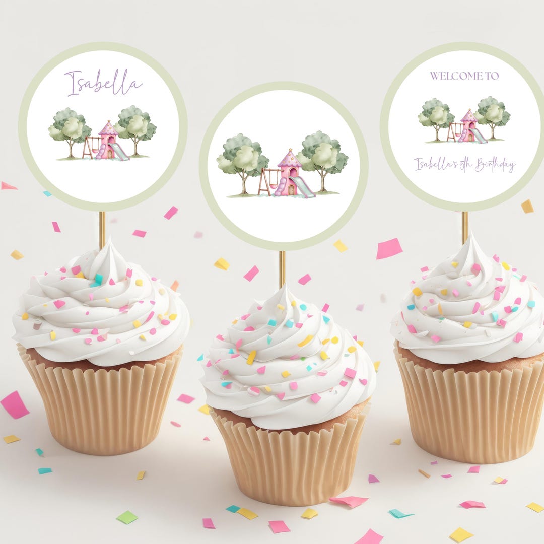 Playground Birthday Cupcake Toppers Watercolor, Party in the Park Run ...