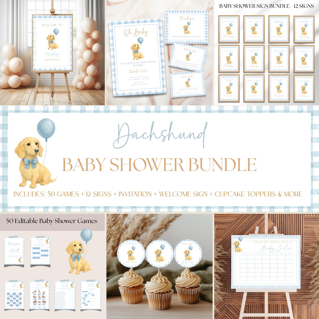 Puppy Baby Shower Bundle, Dachshund Dog Blue Gingham Bundle, Games and ...