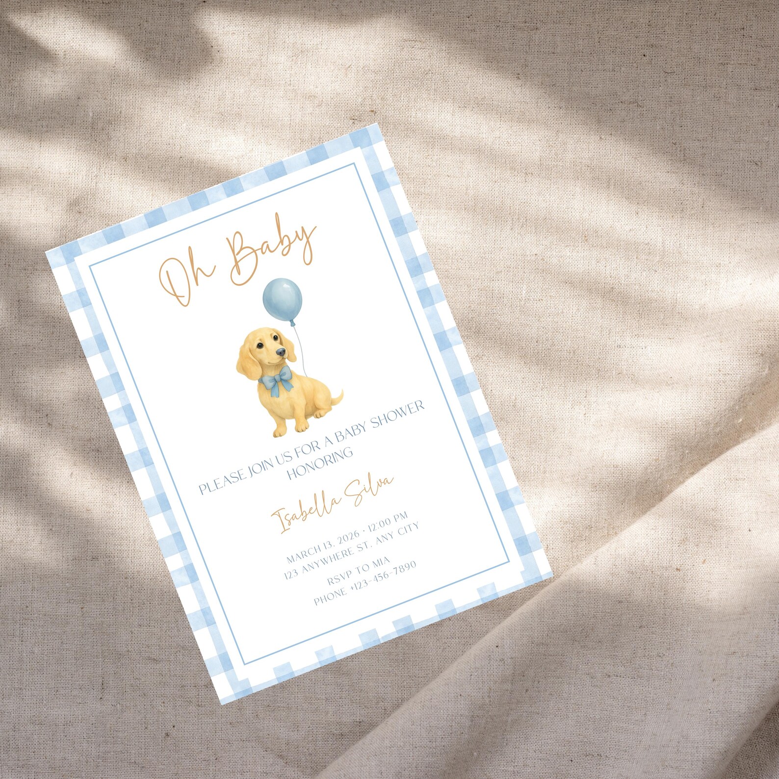 Dachshund Baby Shower Invitation Bundle, Gingham Blue Dog Theme Baby ...