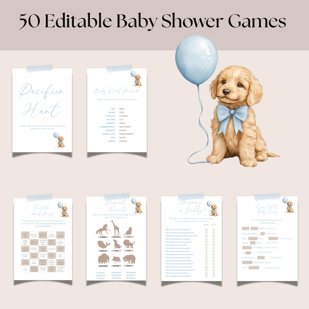 Puppy Baby Shower Games Bundle, Golden Doodle Dog Baby Shower Blue ...
