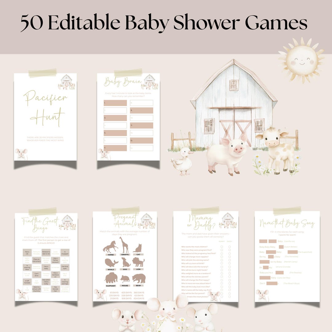 Farm Animals Baby Shower Games, Barnyard Gender Neutral Farm Animals ...