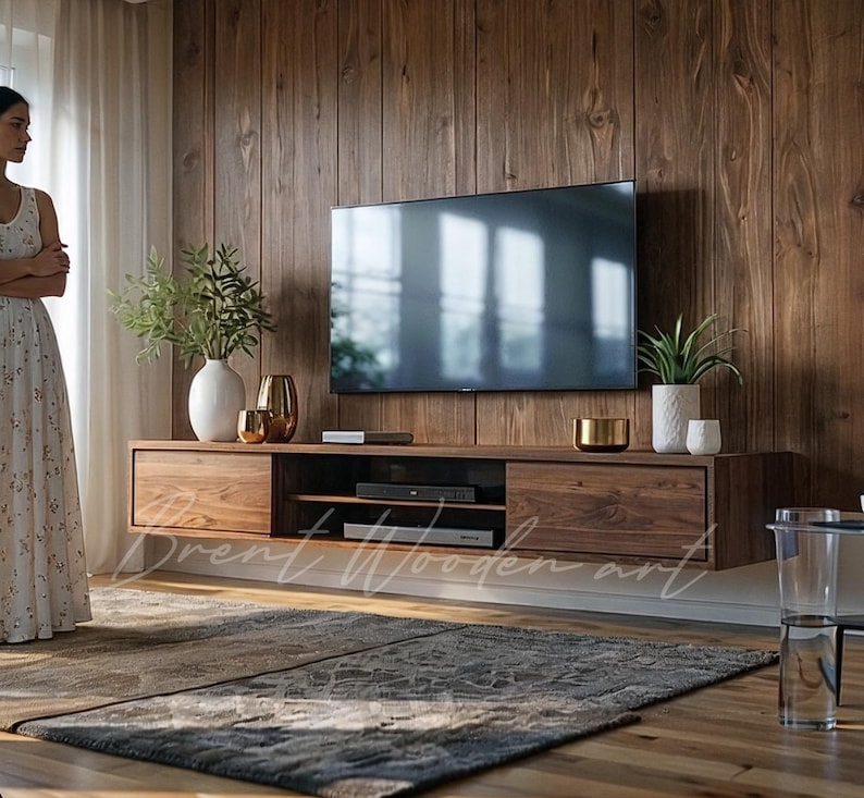 Handmade Mid-century Modern Walnut TV Stand: Floating Low Profile Media ...