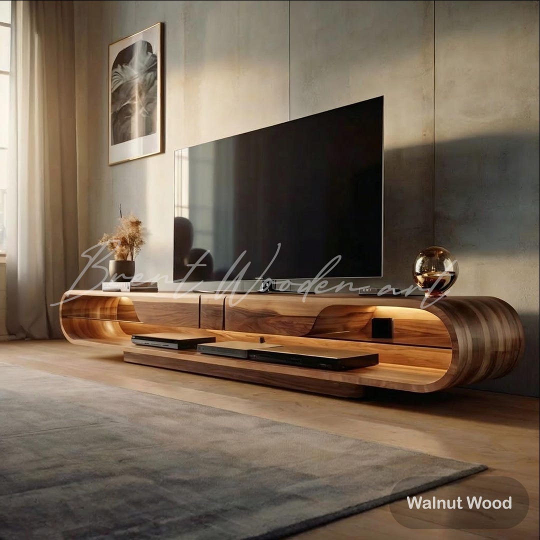 Led Light Walnut "tv" Stand, Solid Wood Media Console, Handmade Modern ...
