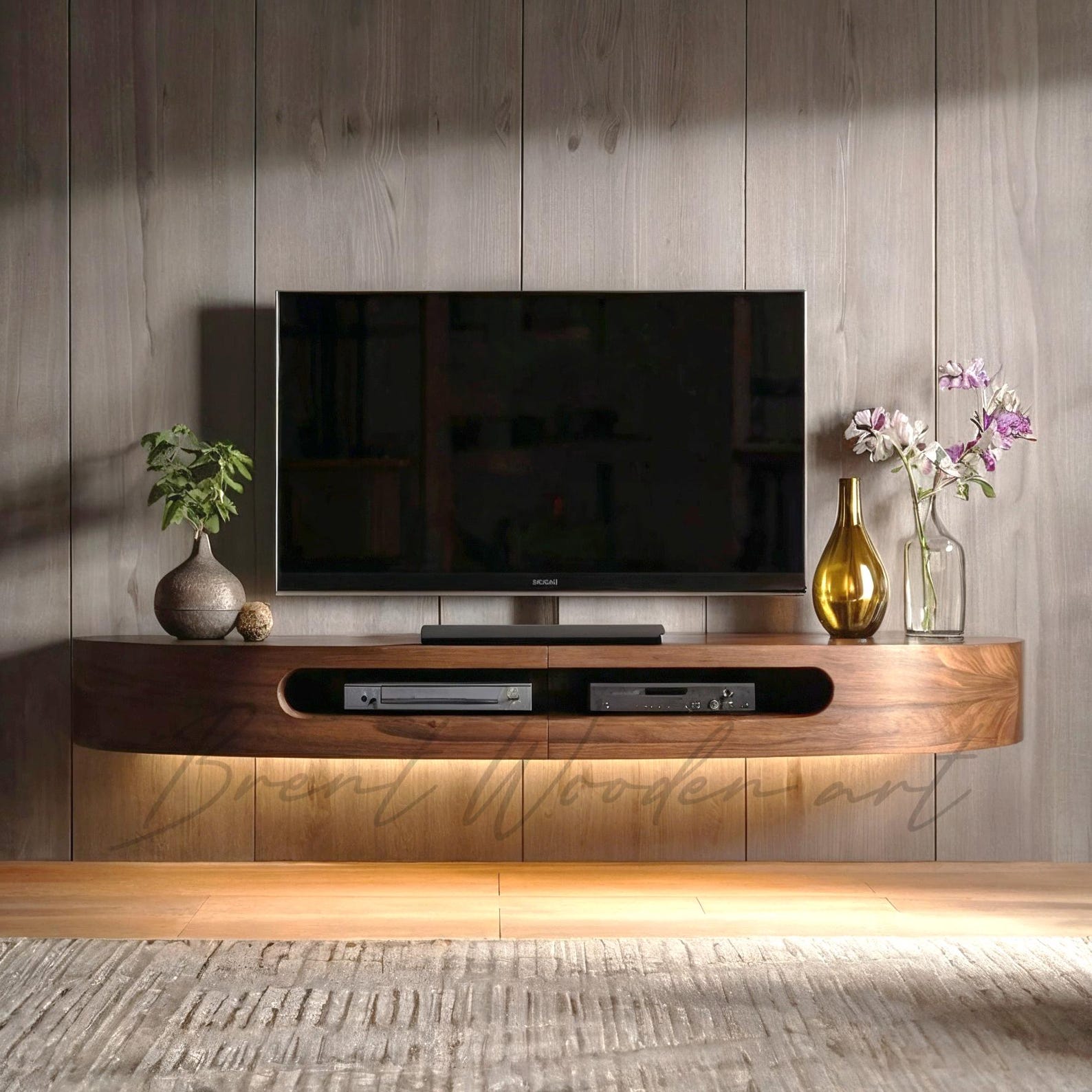 Handcrafted Walnut Floating TV Stand: Modern LED Media Console - Etsy