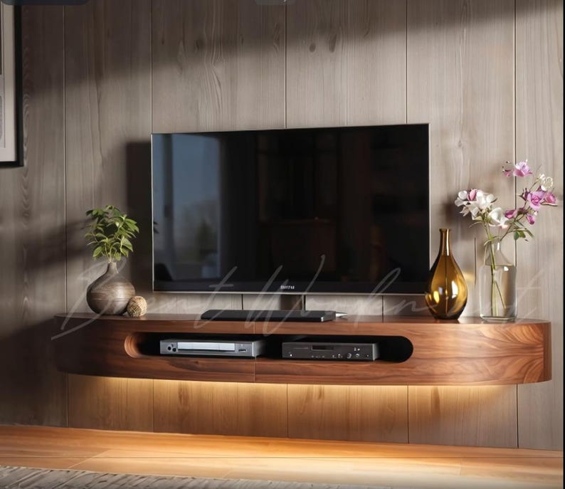 Handcrafted Walnut Floating TV Stand: Modern LED Media Console - Etsy
