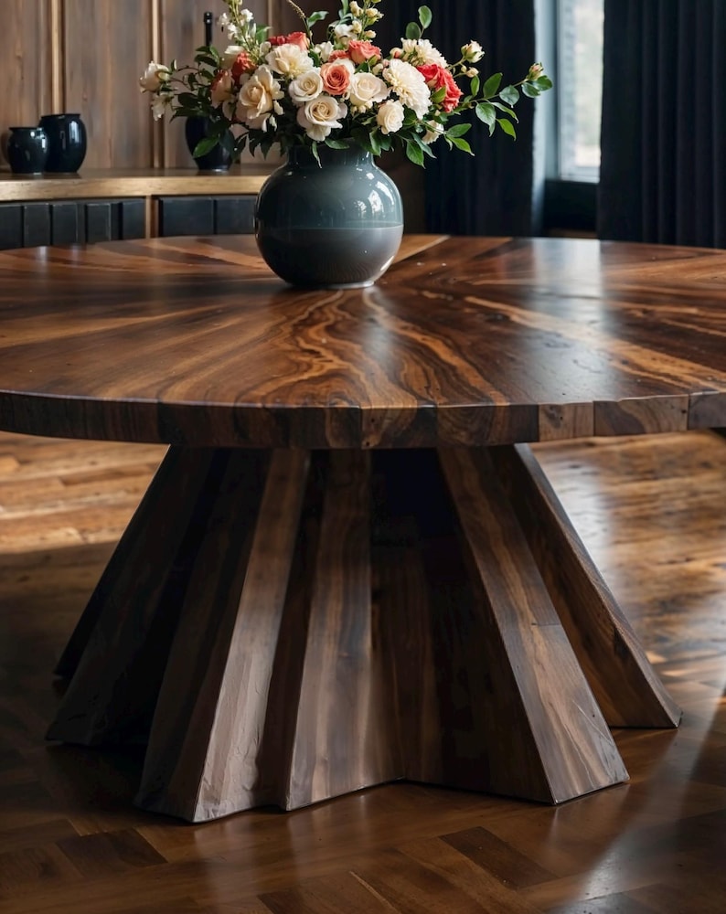 Round Solid Walnut Dining Table: Modern Geometric Pedestal - Etsy