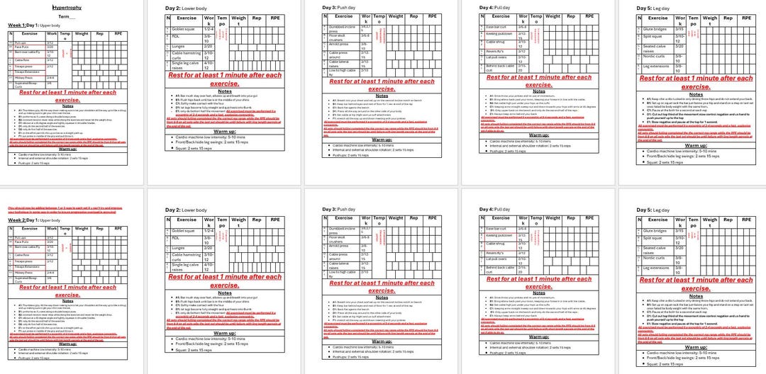 4 Week Hypertrophy Program [upper,lower,push,pull,legs](novice) - Etsy