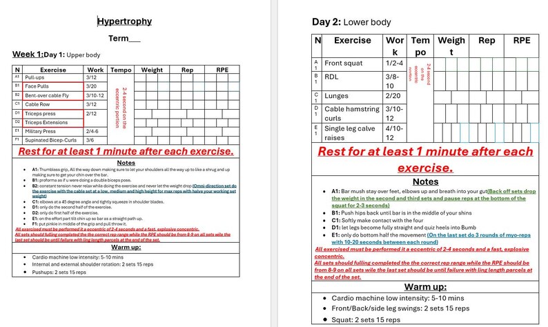 4 Week Hypertrophy Program [upper,lower,push,pull,legs](advanced) - Etsy