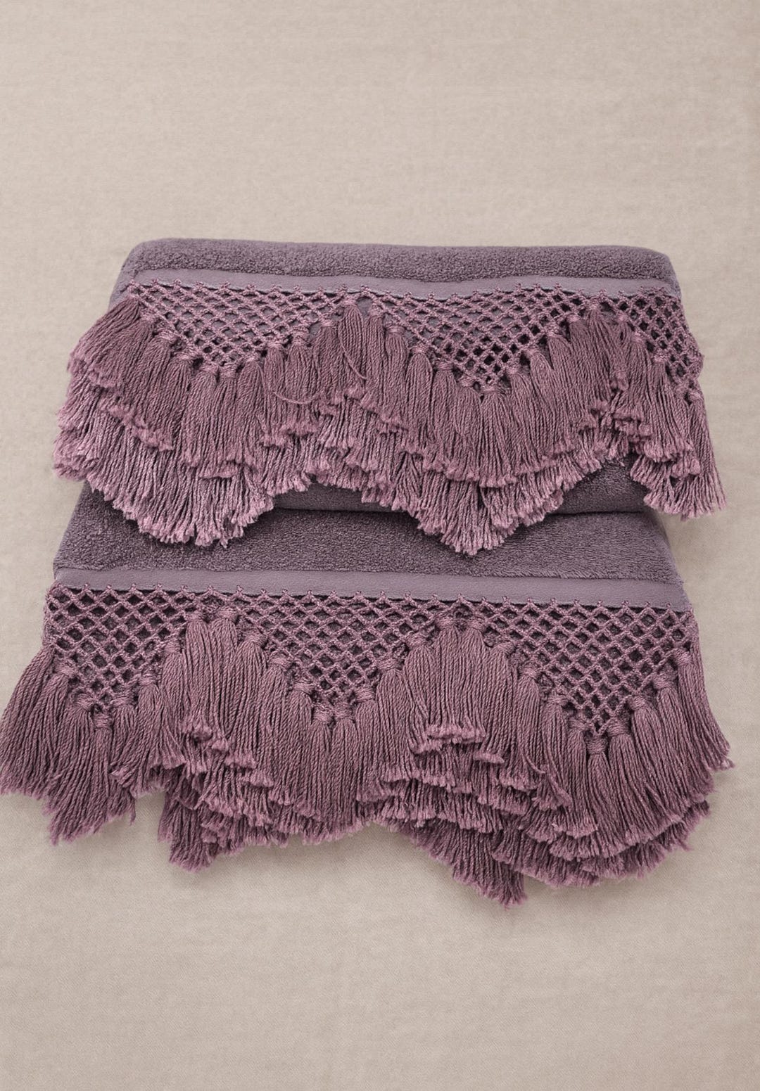 Luxury Boho Fringe Towel for Pool, Beach & Spa – Handmade Purple Cotton ...