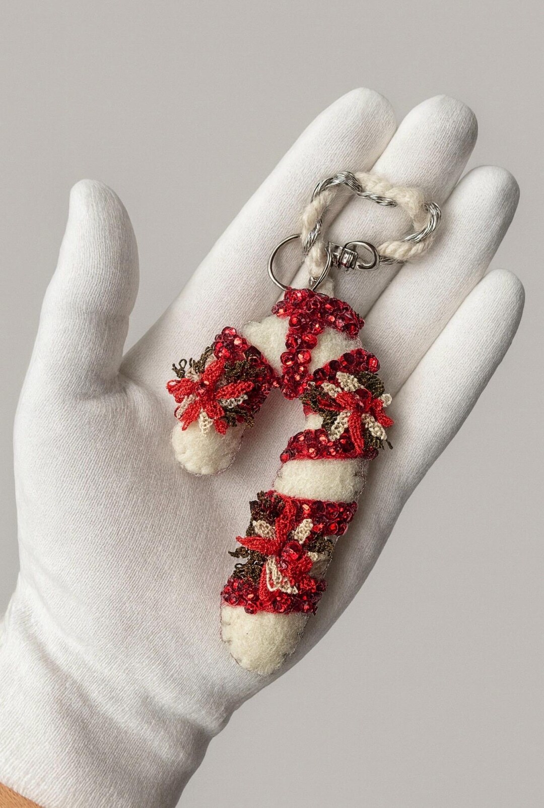 Handcrafted Sparkling Candy Cane Bag Charm, Christmas Tree Ornament ...