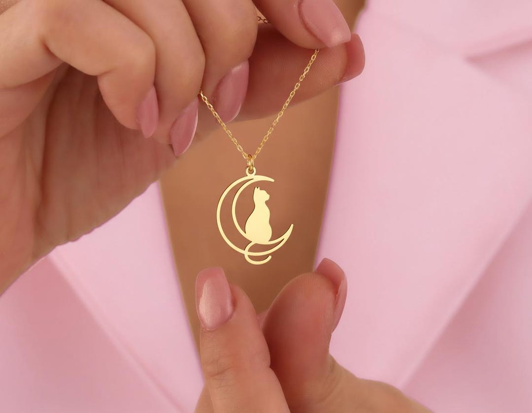 Cat Necklace: Gold Plated Moon Pendant With Silhouette Detail - Etsy