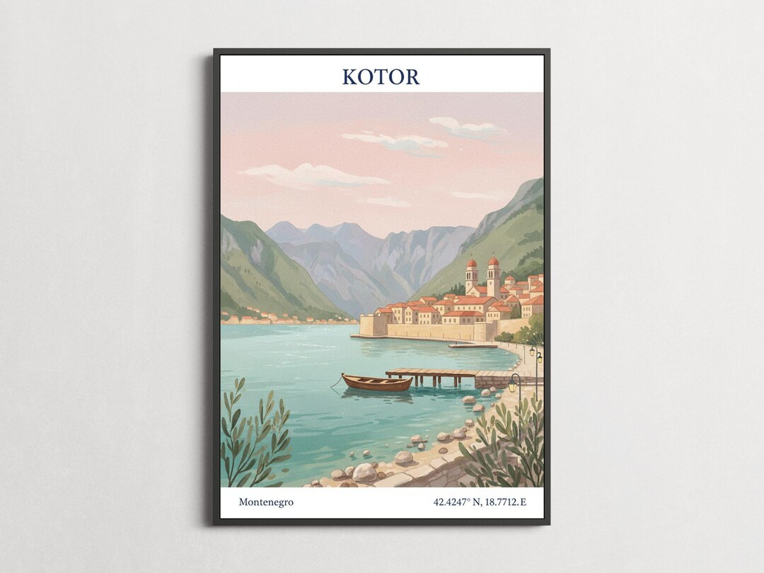 Kotor Poster – Vintage Travel, Teal Water and Warm Sky, Painted ...
