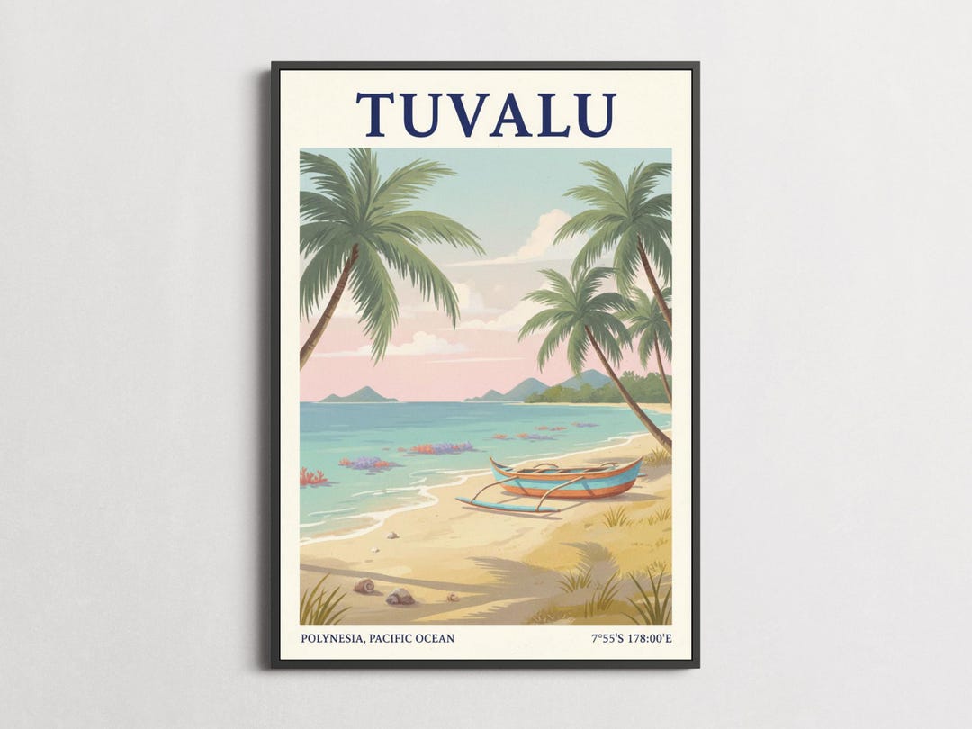 Tuvalu Beach Scene Poster – Teal and Pink Vintage Travel Art ...