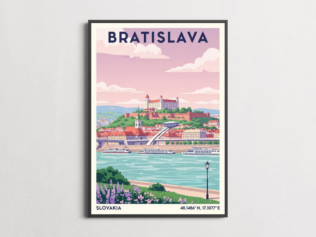 Bratislava Slovakia Poster – Vintage Travel Art Print, Pink Sky ...