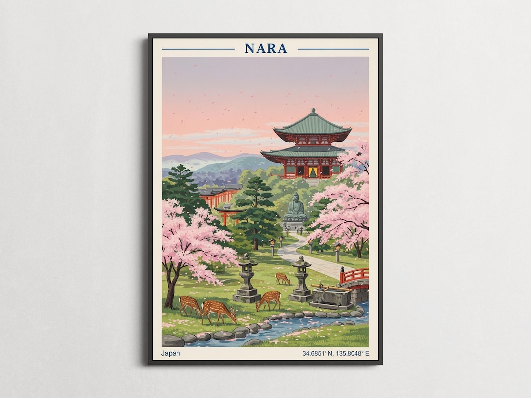 Nara Art Print – Japanese Travel Style, Pink Cherry Blossoms and Temple ...