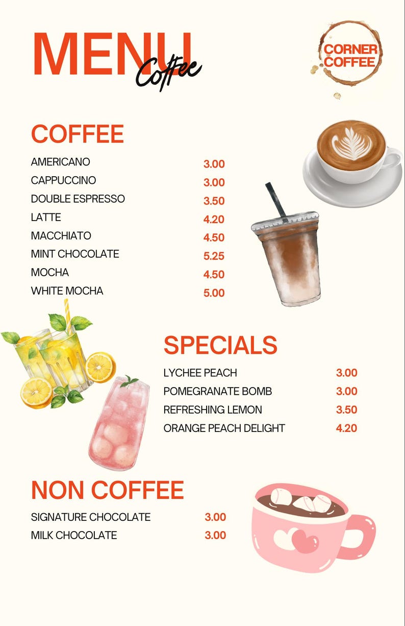 Editable Coffee Shop Menu Template | Printable Café Price List Sign ...