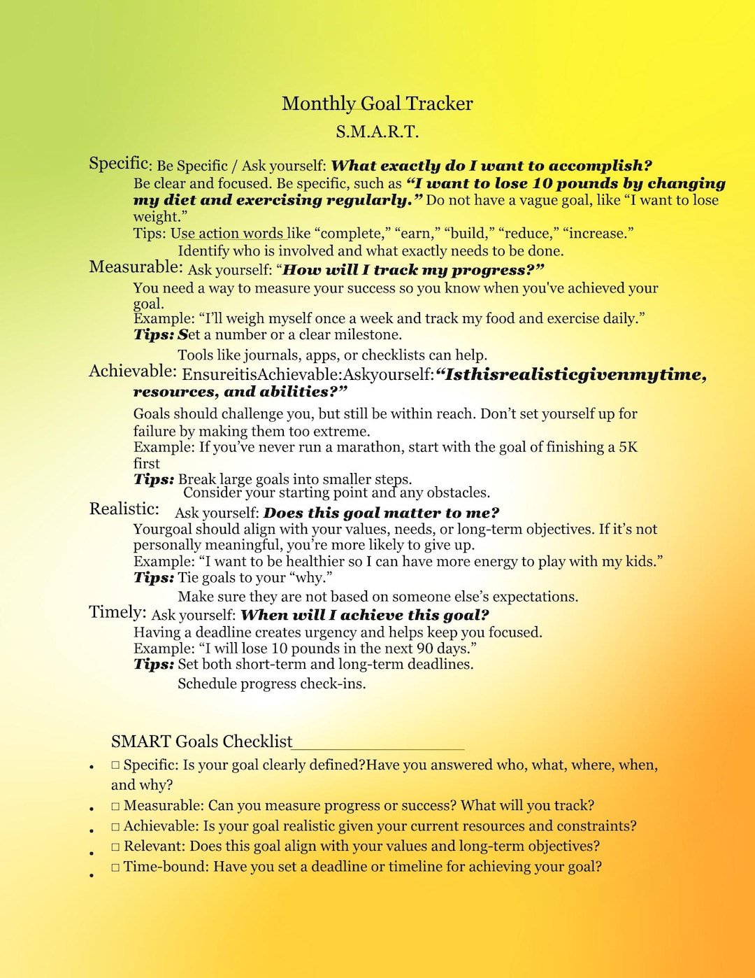 SMART Goal Setting Tracker Printable: Productivity Planner (PDF ...