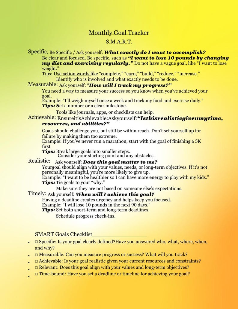 SMART Goal Setting Tracker Printable: Productivity Planner (PDF ...