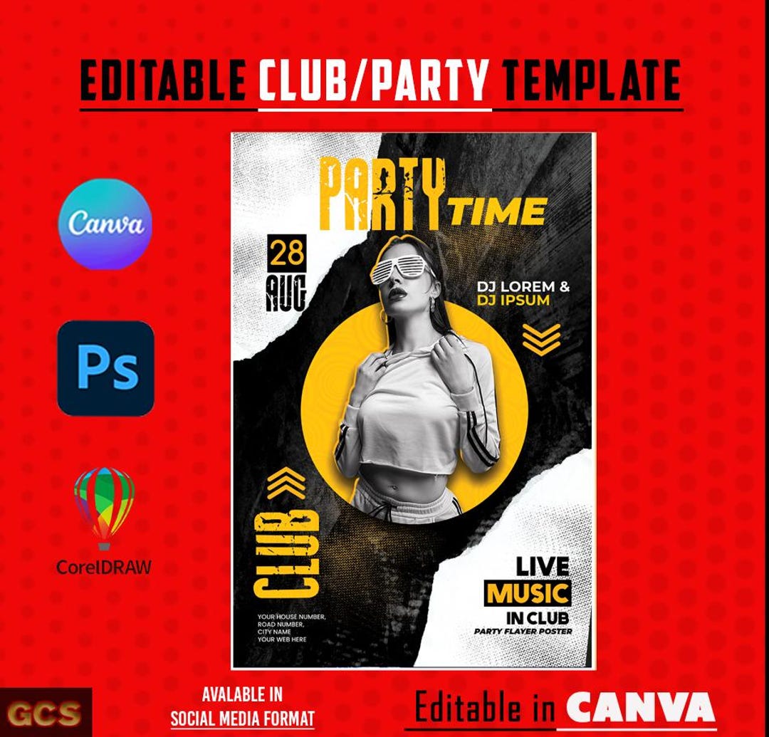Party Flyer Template: Editable Club Event Poster (PSD, Canva, Coreldraw ...