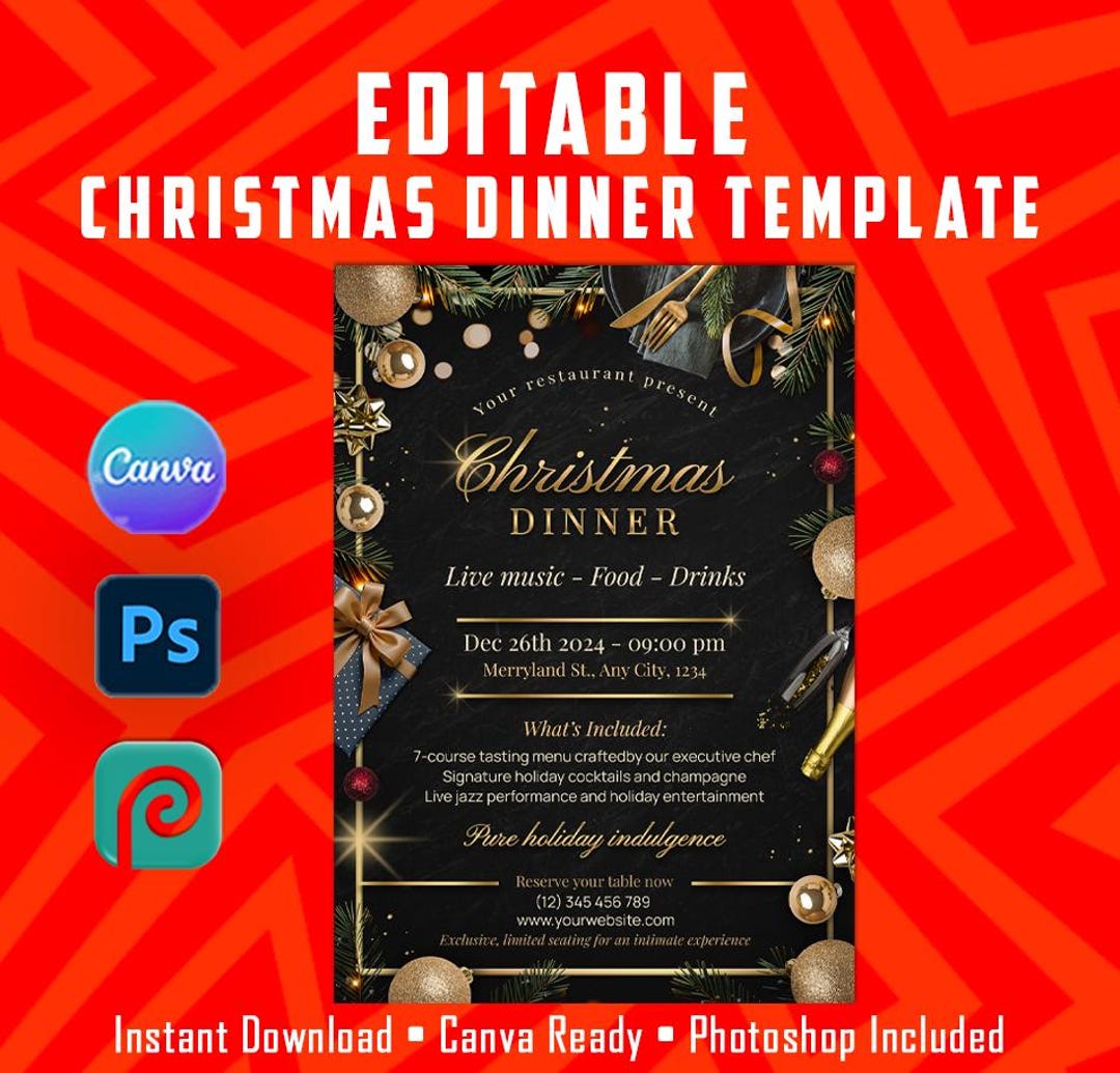 Editable Christmas Dinner Flyer Template | Canva & Photoshop | (instant ...