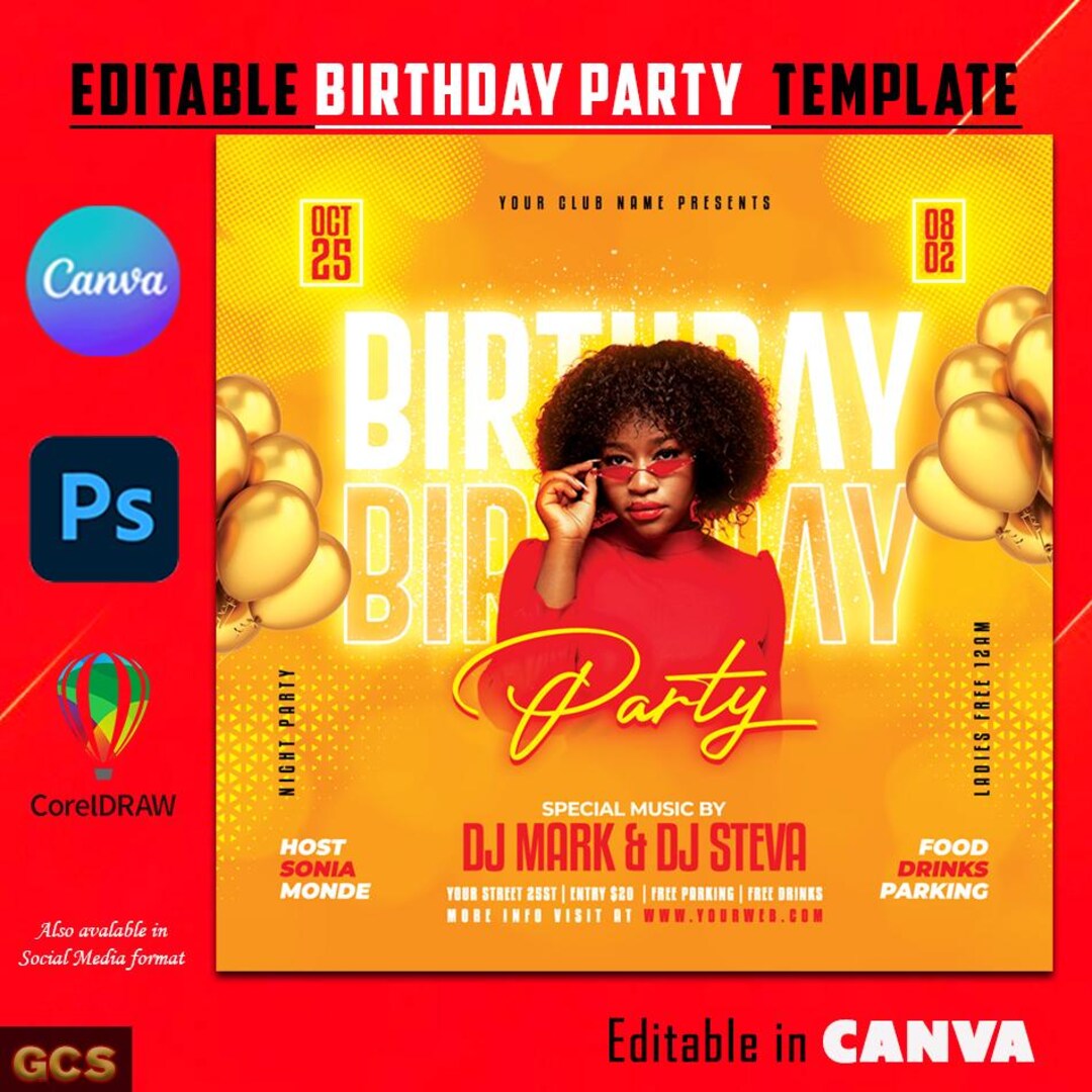 Birthday Night Party Flyer | Birthday Template, Editable on Canva ...