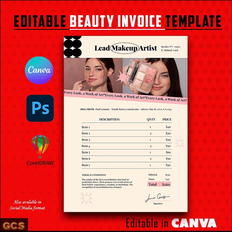 Editable Beauty Invoice Template: Canva, Photoshop & Coreldraw (digital ...