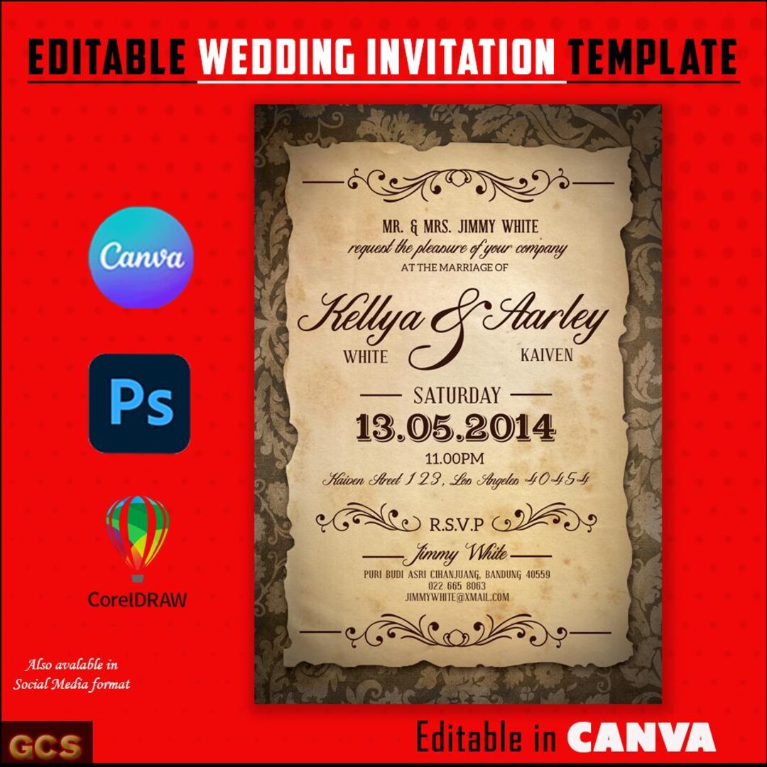 Elegant Vintage Scroll Wedding Invitation Template | Instant Download ...