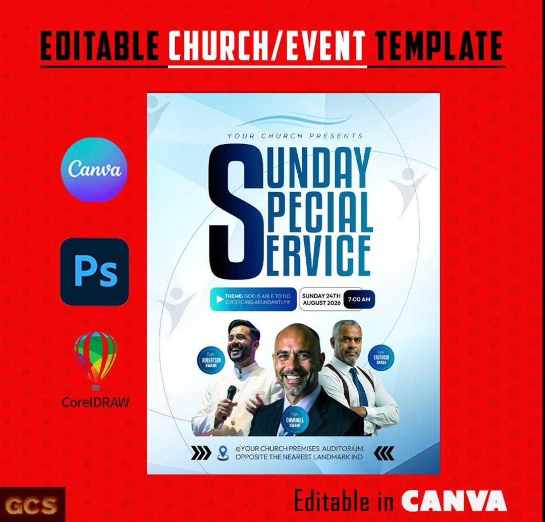 Editable Canva Church Flyer Template: Sunday Service Event (PSD ...