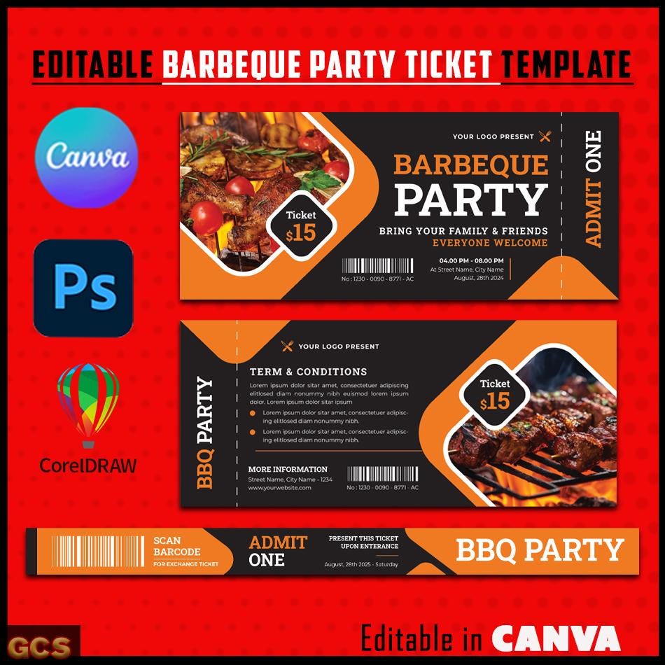 Customizable Barbeque Party Ticket Design | Instant Download, Editable ...
