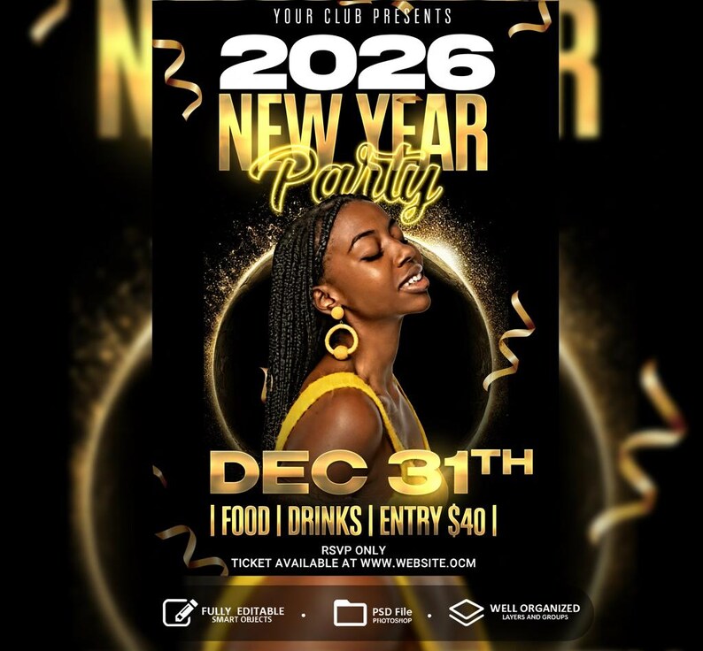 New Year Club Flyer 2026 | Editable on Canva & Photoshop | Instant ...