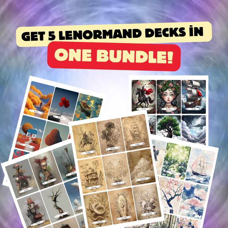 Lenormand Cards Deck Bundle: 5 Printable Decks + Witchy Stickers ...