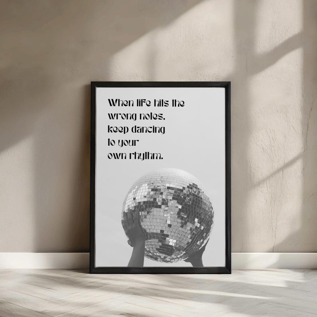 Disco Ball Motivational Quote Poster - Retro Music Decor, Black & Gray ...